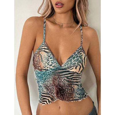 C 43556 Mesh Printed Backless Vest 网纱印花露背背心跨境