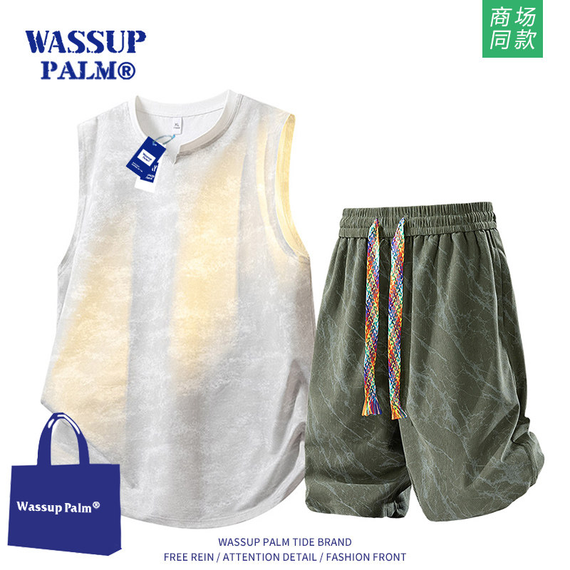 WASSUP PALM运动服套装男士夏季2026新款扎染背心短裤休闲两件套