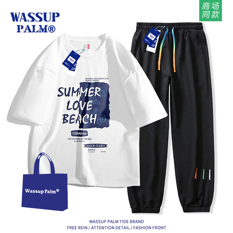 WASSUP PALM运动服套装男士2026新款夏季休闲帅气短袖长裤两件套