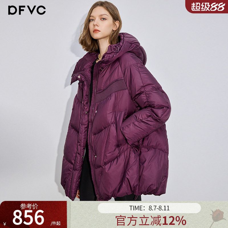 dfvc时尚中长款茧型连帽羽绒服女2024年冬季新款白鸭绒面包服外套_虎窝淘
