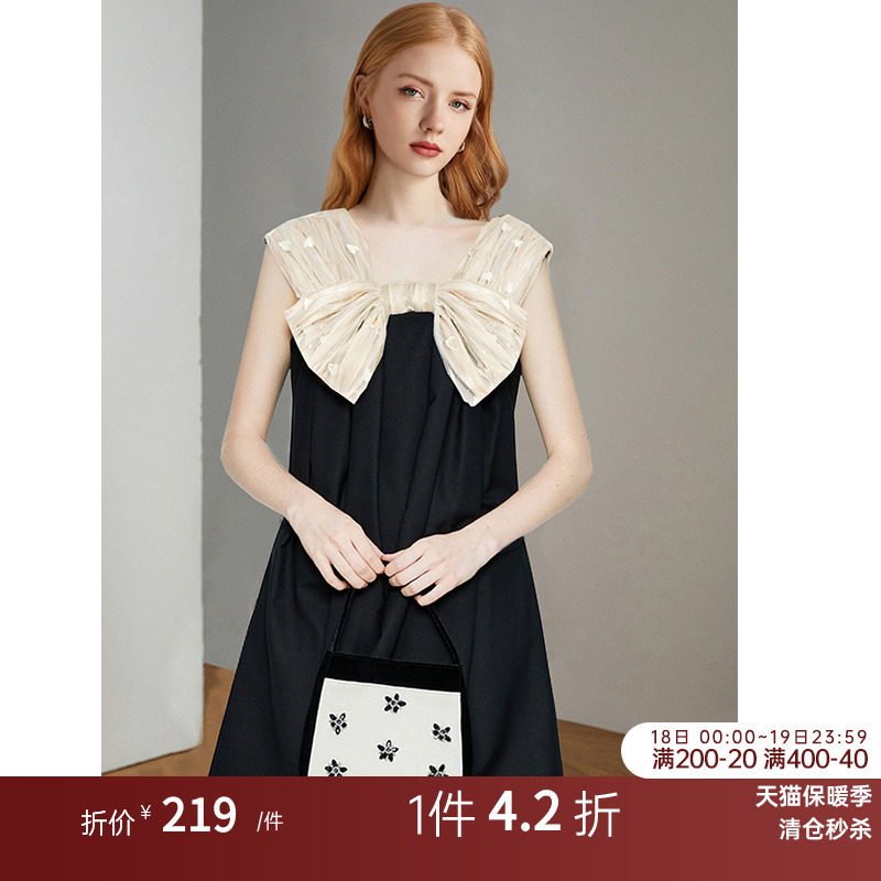 dfvc拼接蝴蝶结吊带连衣裙女春2023新款宽松无袖a字背带裙小黑裙_虎窝淘