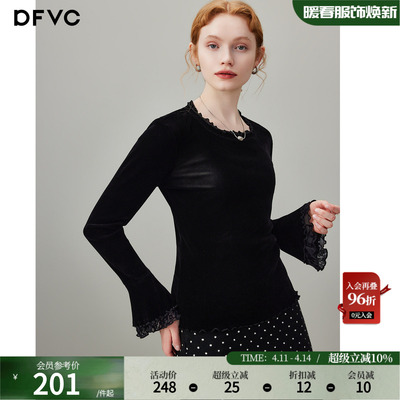 dfvc丝绒长袖T恤花边显瘦打底衫