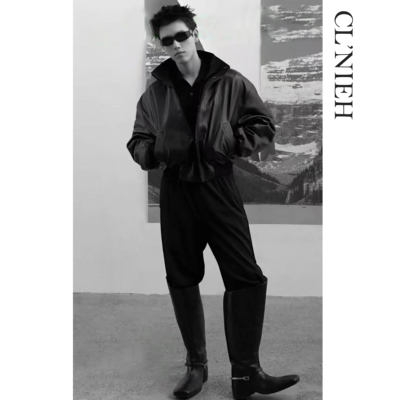 CLNIEH | 进口半闪亮粒面羊皮革 IDEAL拉链 立裁高领皮革夹克男