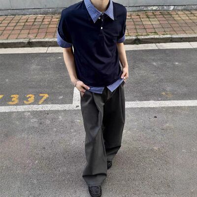 LBMS冰感抗皱拼接假两件短袖t恤夏季Polo领衫高智雅奢上衣miu系