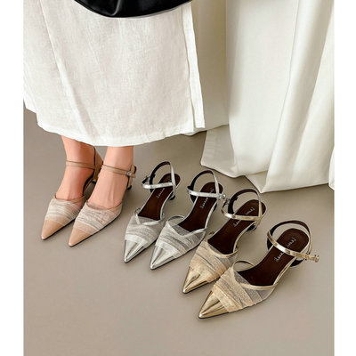 网纱包头凉鞋一字扣带高跟鞋