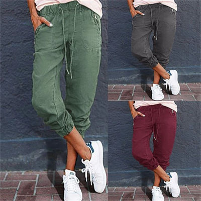 Women solid color loose drawstring leg tied casual pants女裤