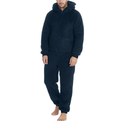 Men winter solid color fleece hooded pajamas男士加绒连帽睡衣