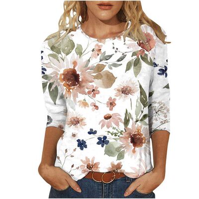 Digital printed seven quarter sleeve top数码印花七分袖女上衣