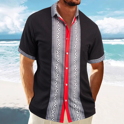 2025 Men's Waffle 3D Printed Short Sleeve Shirt 男3D印花衬衫