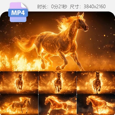 高清烈焰战马奔腾火焰特效狂野速度烈火战马古代战场军马视频素材