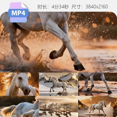 高清万马奔腾骏马群马奔跑草原牧场马蹄波浪水花舞台背景视频素材