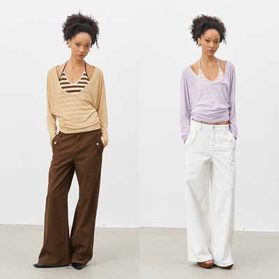 双色两件薄纱圆领长袖