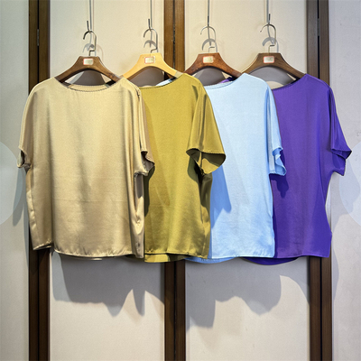 30姆米重绉真丝纯色宽松落肩袖圆领套头通勤舒适透气上衣15-2-1