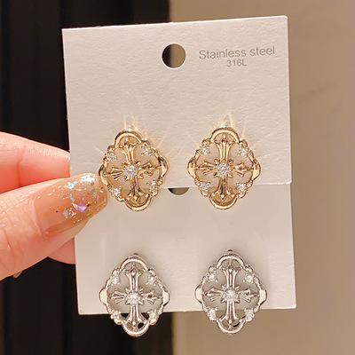 银针轻奢锆石菱形十字架镂空耳钉复古个性小众耳环感气质耳饰