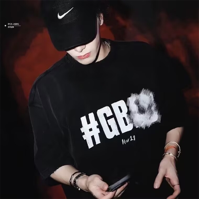 王嘉尔生日同款GBAD黑色字母t恤260g男女潮牌落肩短袖纯棉宽松冬