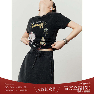 卡通印花水洗短袖修身裙子两件套