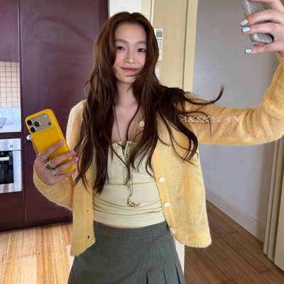 AKskylan 菱格纹针织衫女圆领百搭长袖开衫软糯显瘦短款上衣