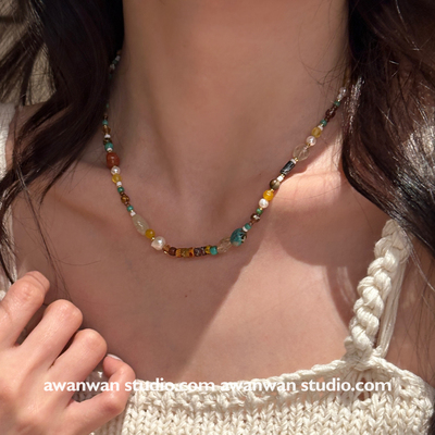 阿婉Wan多巴胺彩色天然石小众设计感串珠项链五彩斑斓锁骨链颈饰