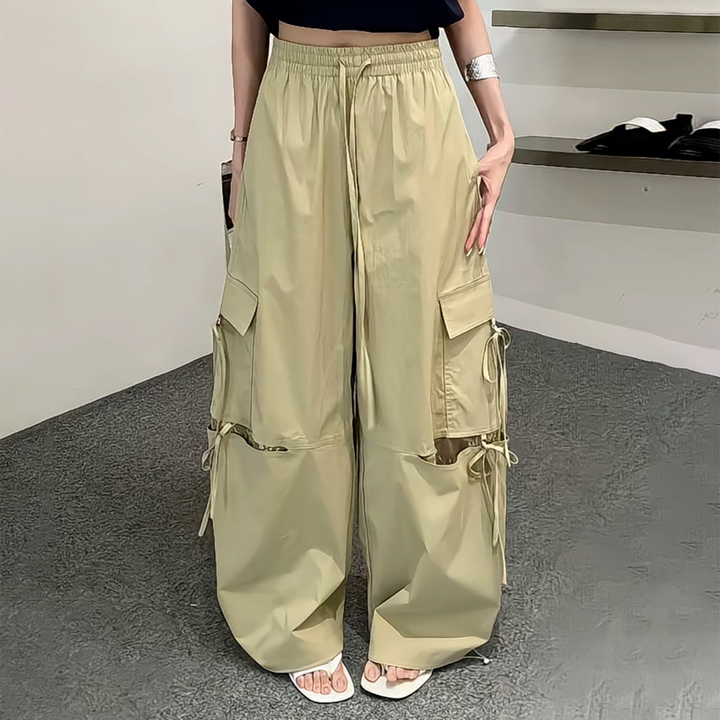 Ader时尚感松紧抽绳休闲裤女2026夏季新款宽松遮肉工装风阔腿长裤