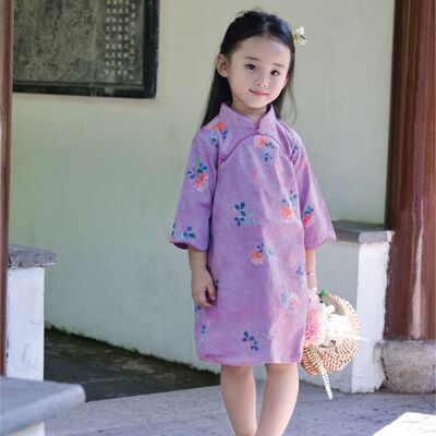 2026春夏新款复古女童七分袖紫色碎花波浪袖旗袍中国风女宝宝旗袍