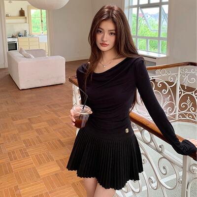 HeartyBite 2025秋冬新款设计感气质修身荡领一字肩长袖T恤女打底