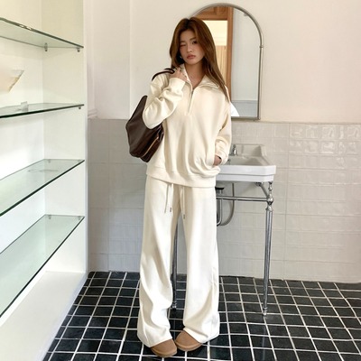 HeartyBite 2025秋冬新款加绒加厚半拉链polo领上衣女休闲阔腿裤