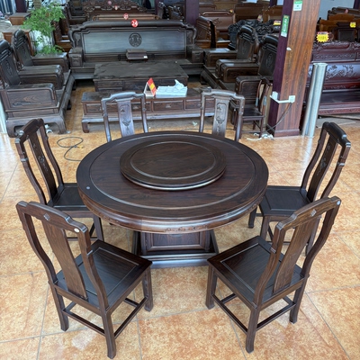 红木家具圆桌中式餐桌金花梨木黑酸枝色素面圆台带转盘餐厅餐桌椅