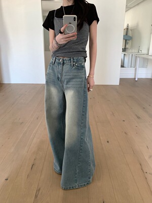 TABLE韩代简约时髦牛仔裤女2026新款松弛感遮胯宽松阔腿长裤子女