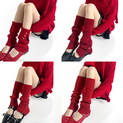 氛围感大红色袜套女秋冬针织加厚保暖堆堆小腿袜本命年喜庆护腿套