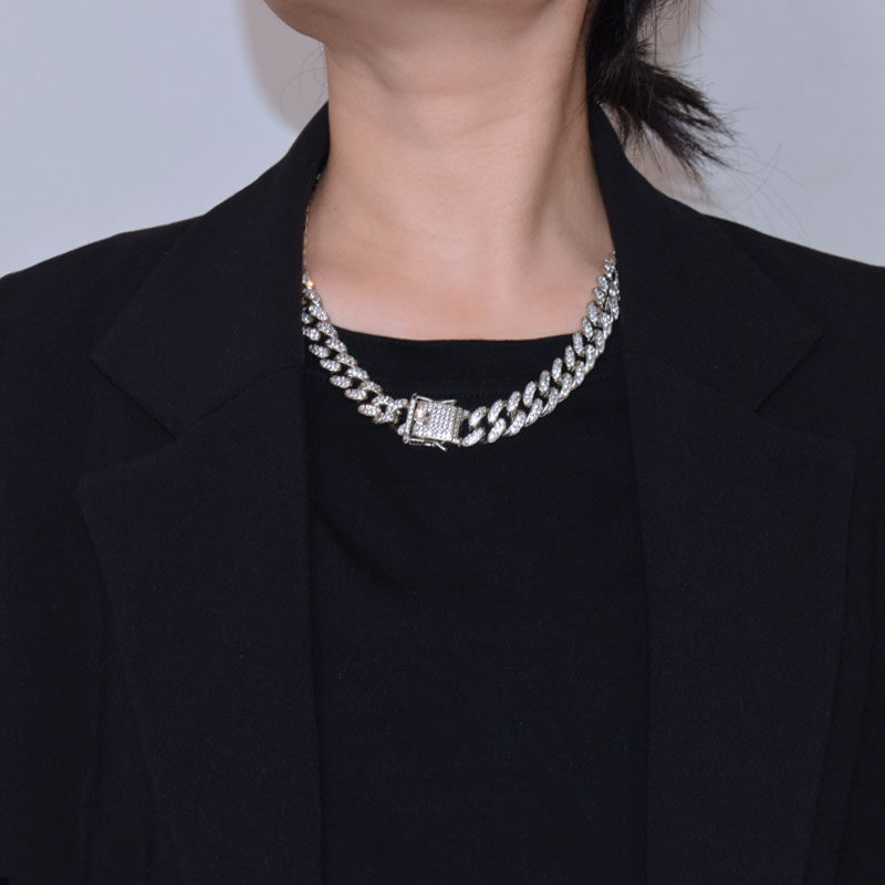 欧美嘻哈嘻哈银色古巴项链说唱Hiphop铜镶满钻14mm锁骨链男女配饰