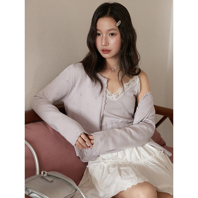 【蜜紫堇纱 2件套装】歌铭蕾丝边拼接吊带+秋季勾花针织开衫N534C