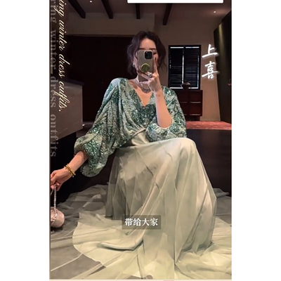 三吉同款【上喜】新中式蕾丝网纱秋冬装连衣裙子连身长裙超好看的