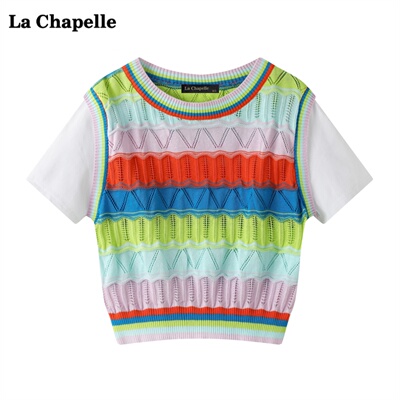 拉夏贝尔LaChapelle学院风假两件针织衫女夏新款修身辣妹短袖上衣