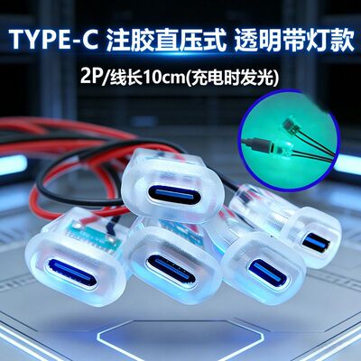 typec2P注胶直压式母座透明带灯台灯椭圆充电口 汽车电动车连接器