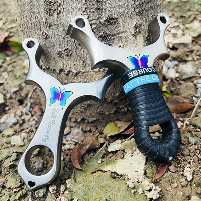 新款不锈钢蝴蝶单卡卡球卡珠弹弓高弹性90外宽扁皮筋速射扁皮弹弓