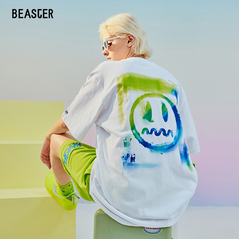 beaster官方小恶魔明星同款情侣宽松夏国潮撞色喷漆短袖嘻哈T恤_虎窝淘