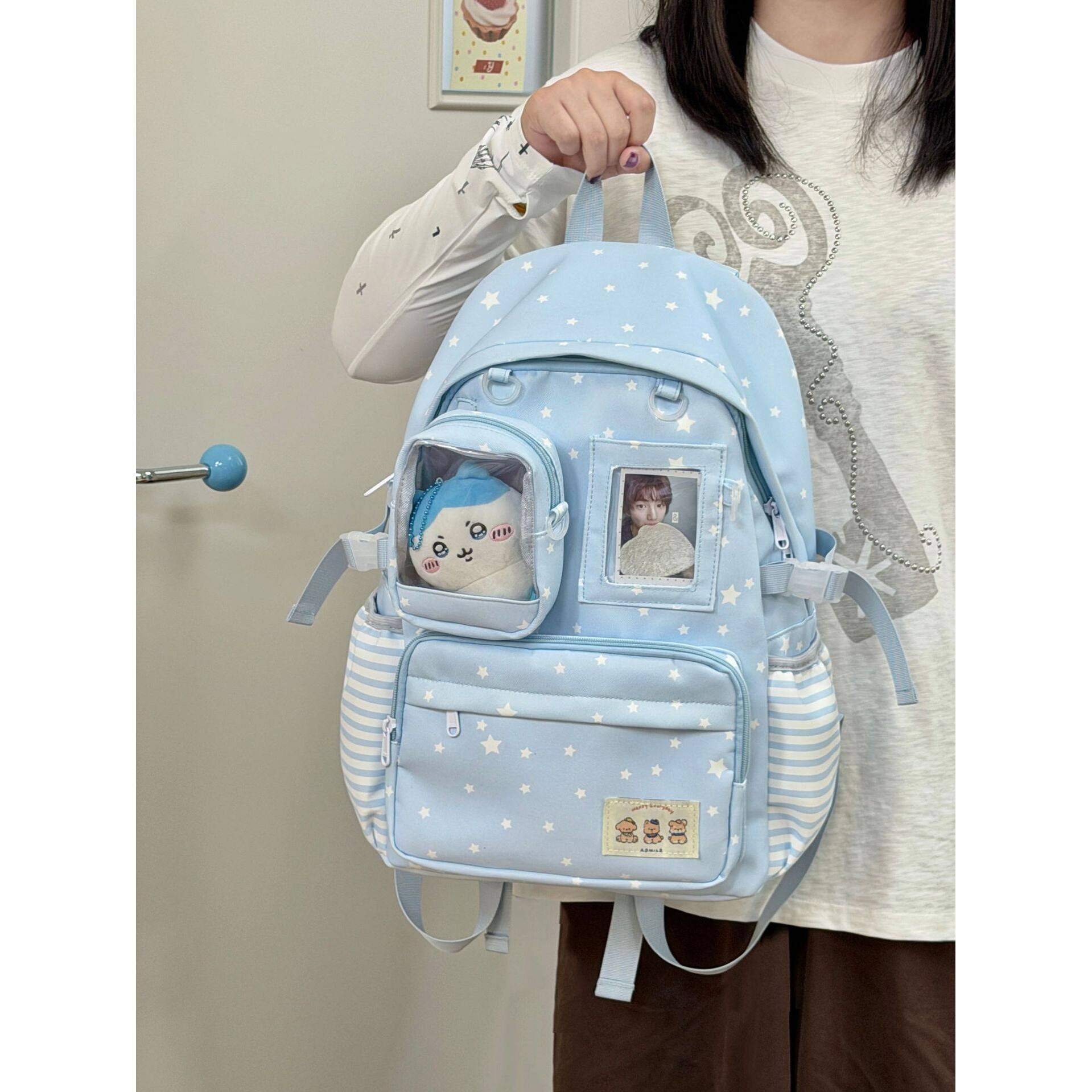 专柜品牌奶蓝星星条纹满印二次元DIY透明窗娃包韩系学院风中小学