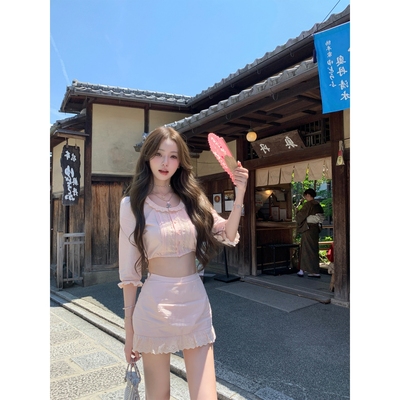 正肩袖短款蕾丝衬衫半裙套装女秋