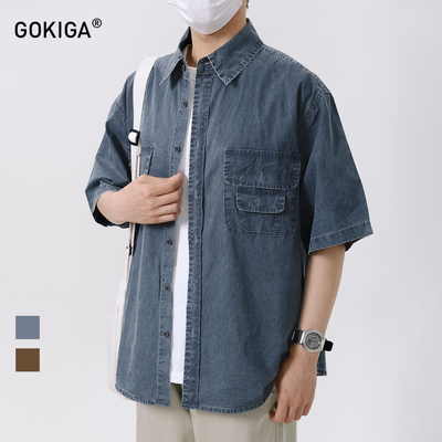 GOKIGA夏季纯棉透气短袖衬衫男