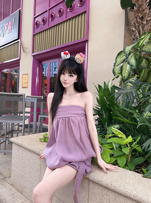 Eva君君酱设计感小众抹胸花苞蝴蝶结褶皱短裙女气质甜美连衣裙韩