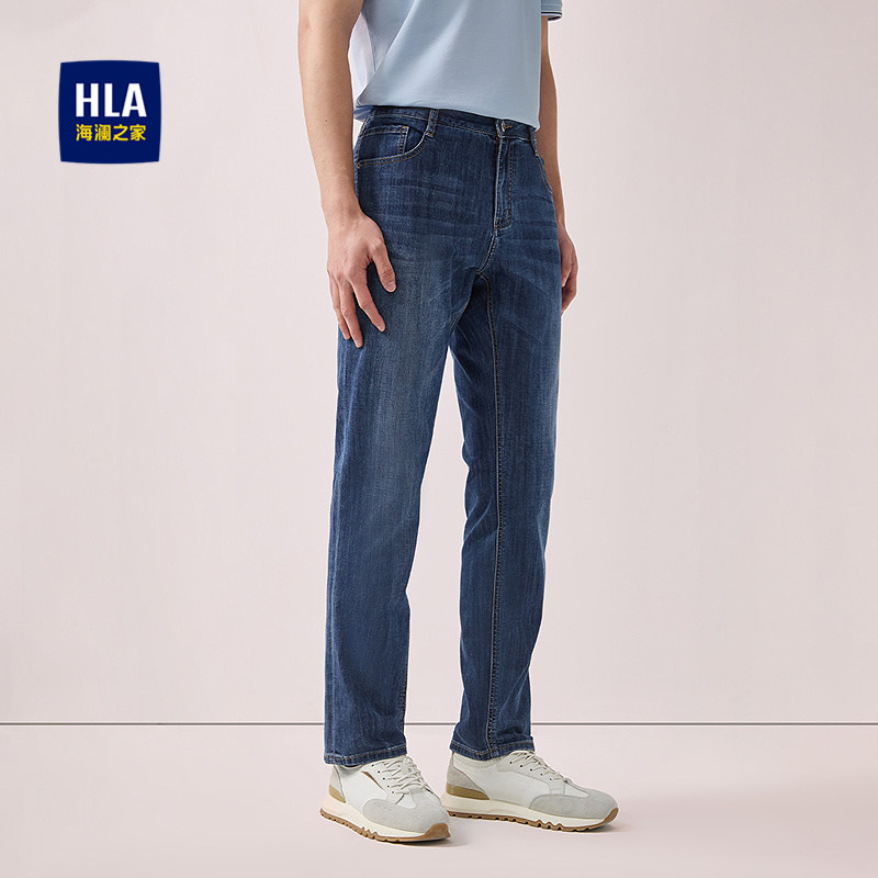 HLA/海澜之家国民臻品直筒牛仔裤夏季五袋款时尚洗水休闲风裤子男