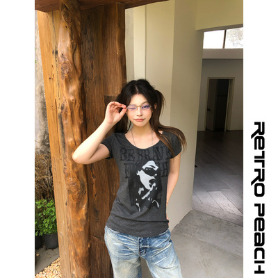 美式辣妹风人像印花短袖T恤女