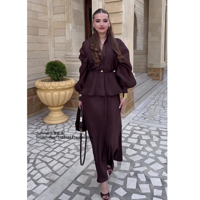 气质V领收腰高腰半裙套装