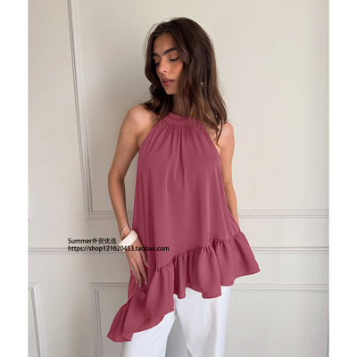 2026夏宽松挂脖荷叶边不规则背心