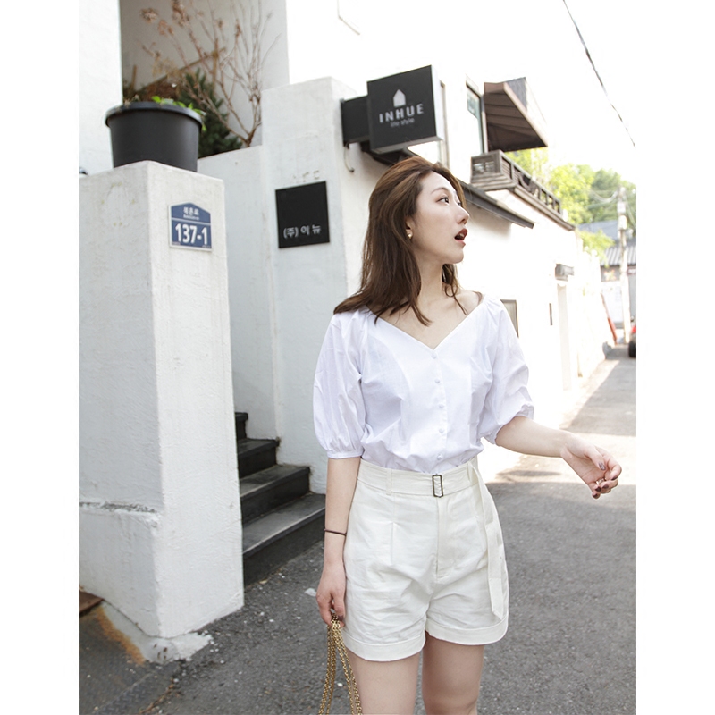 漏锁骨衬衫女心机上衣宽松娃娃衫蓬蓬可爱小清新夏季复古温柔风TG_虎窝淘