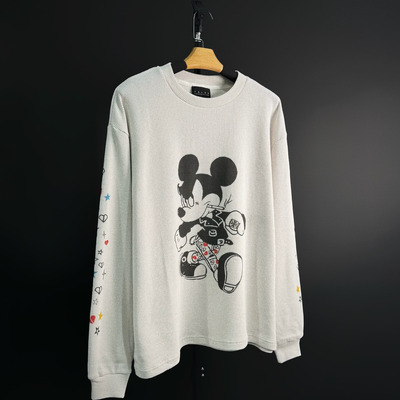 心碎米奇华夫格水洗做旧白长袖