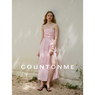 COUNTONME 法式100%亚麻度假风褶皱抹胸连衣裙女夏季显瘦开衩长裙