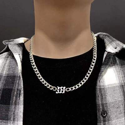 rich brian七哥同款嘻哈古巴项链潮人男女个性钛钢字母粗链子饰品