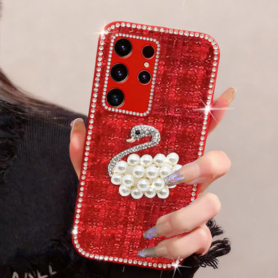 红色过年新年款适用三星GalaxyS23Ultra手机壳针织S24小香风S20Ultra网红S26+新款S25高端S22+春节S20+布艺