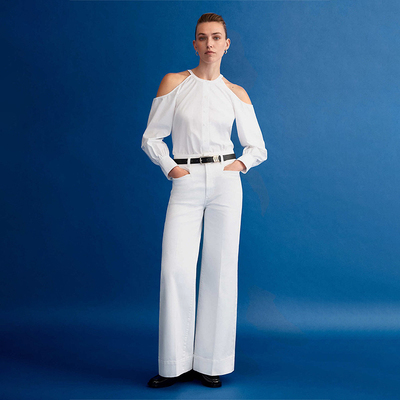 澳洲轻奢WH 女款 澳洲棉白色高腰阔腿牛仔裤 A402